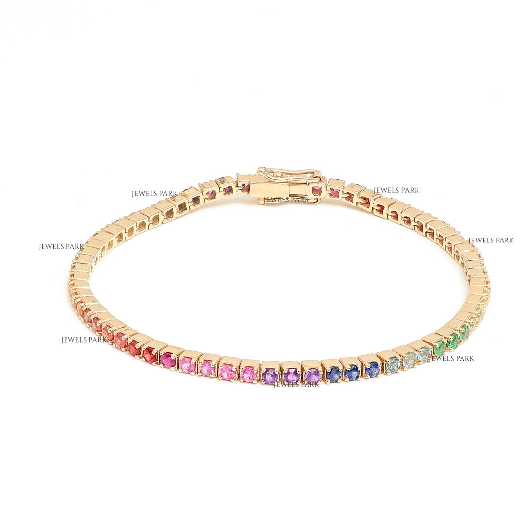 Rainbow Sapphire Tennis Bracelet Gold | Natural Rainbow Gemstone Tennis ...