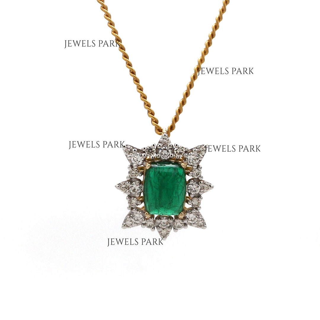 Emerald Sugarloaf Cut With Diamond Vintage Pendant Gold | Natural ...