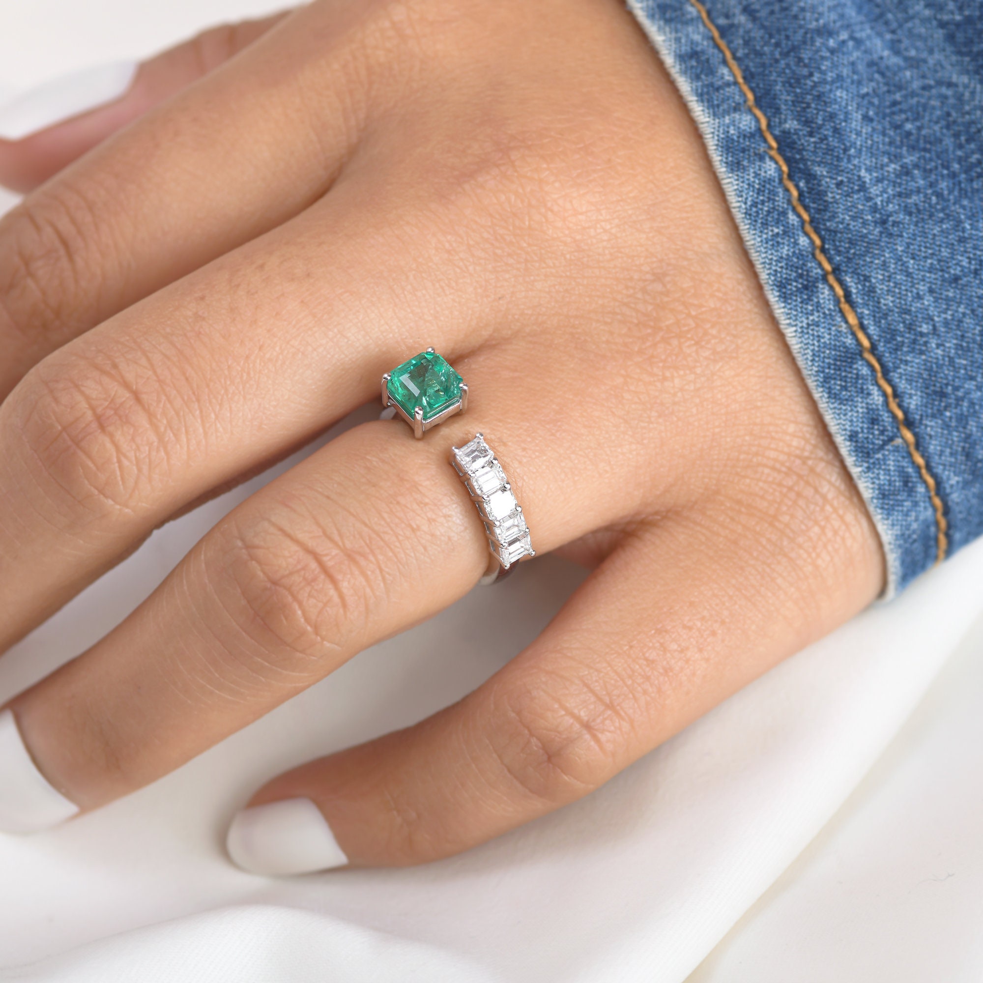 Real Emerald and Emerald Cut Diamond Open Shank Ring Gold - Etsy