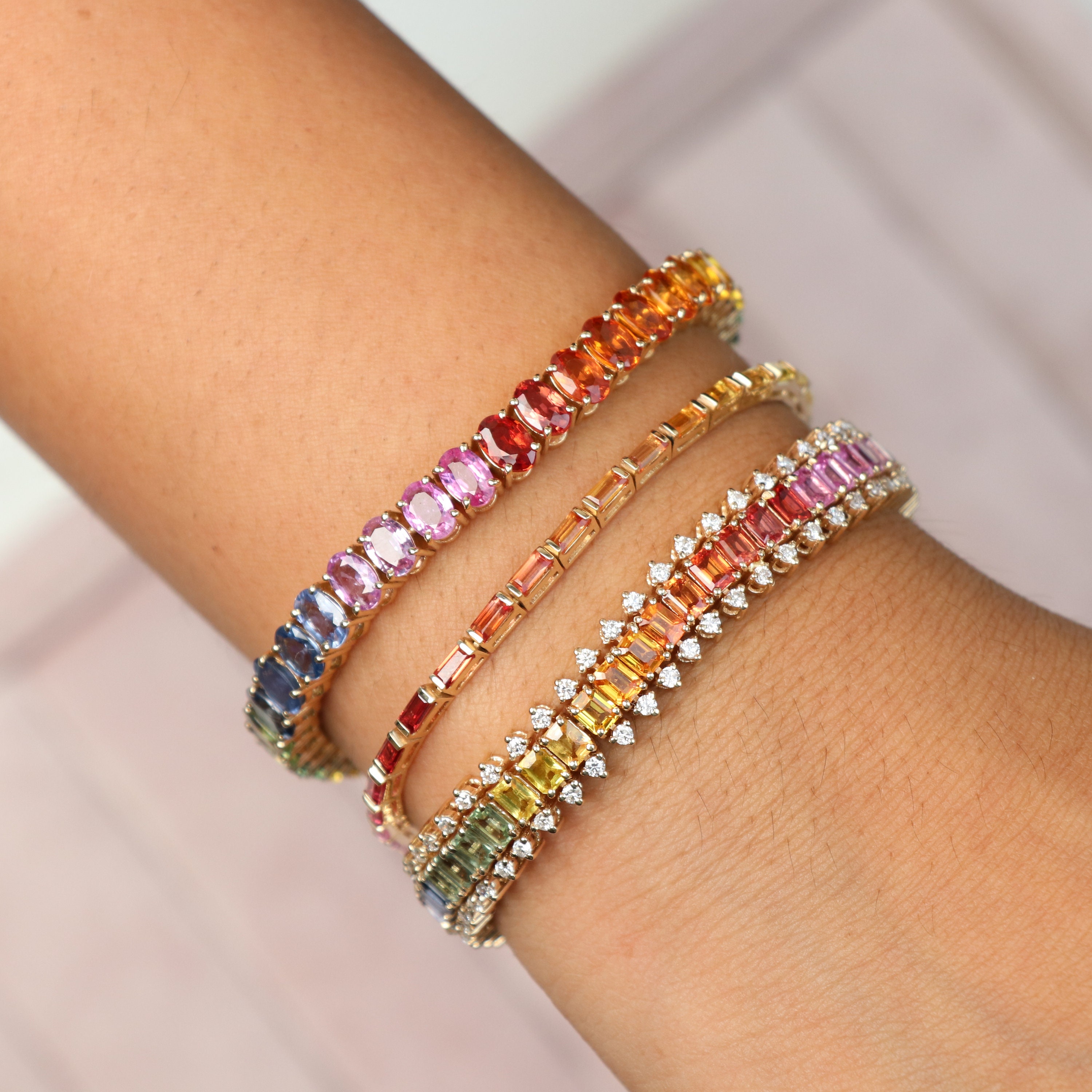 Rainbow Sapphire Emerald Cut Tennis Bracelet With Diamond in - Etsy