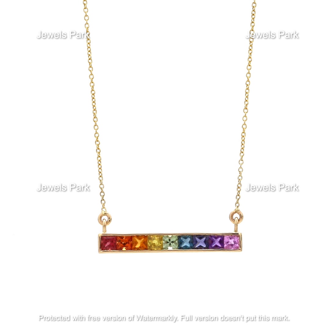 Rainbow Sapphire Multicolor Gem Bar Necklace Chain in 14k 18k Gold ...