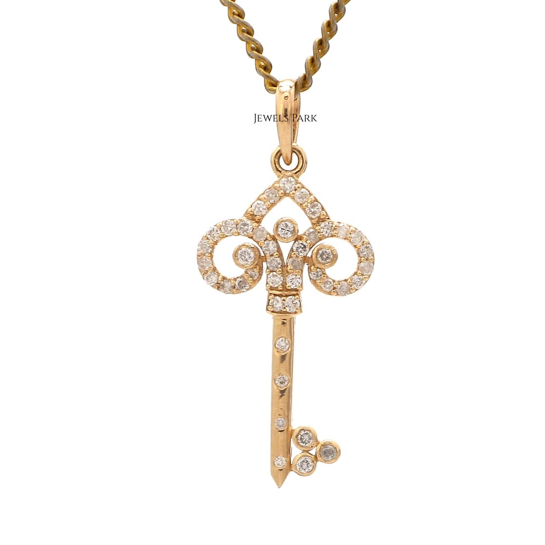 Key Shape Diamond Pendant Necklace Gold | Natural Diamond Fleur De Lis ...