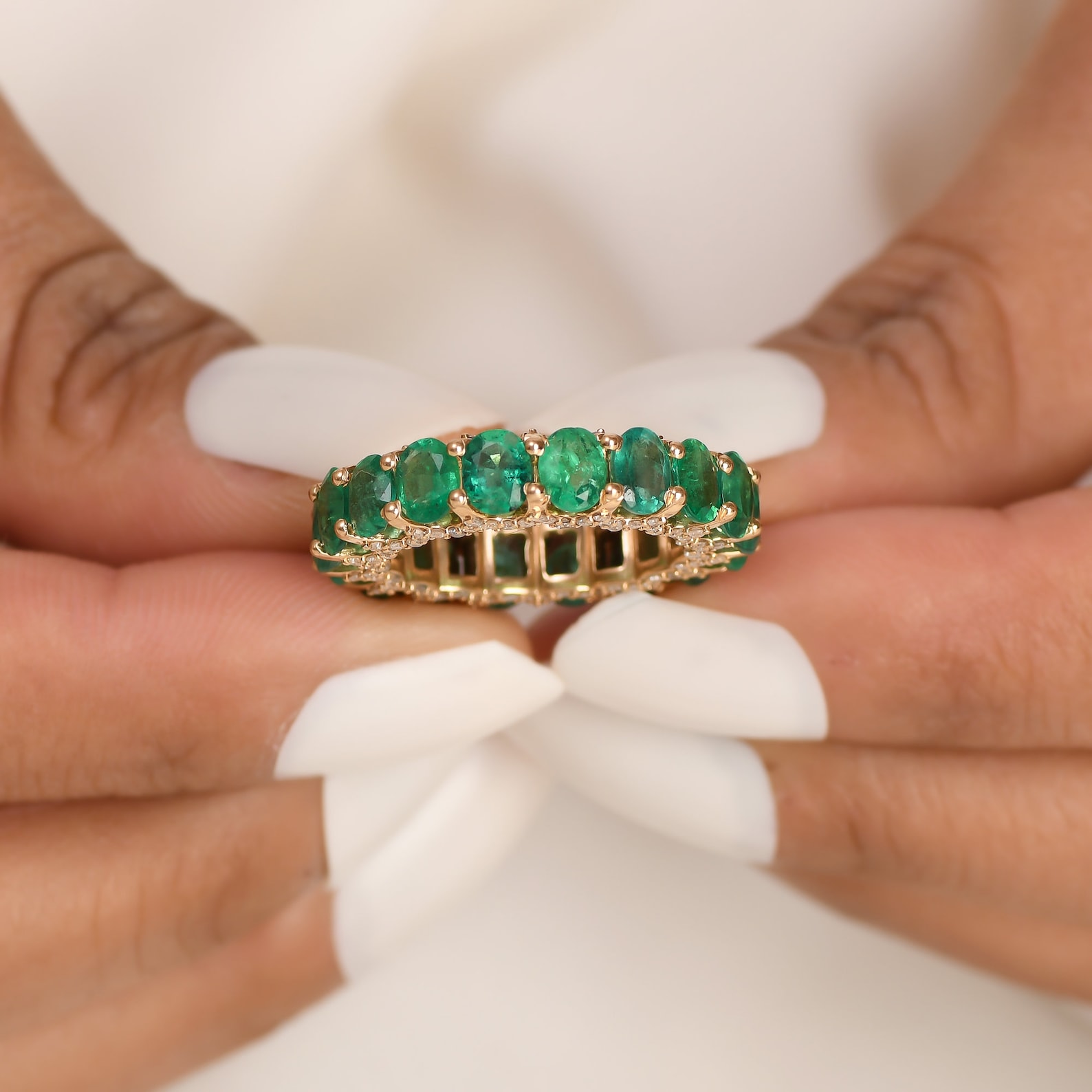 Real Oval Emerald Diamond Eternity Band Ring Gold Natural - Etsy