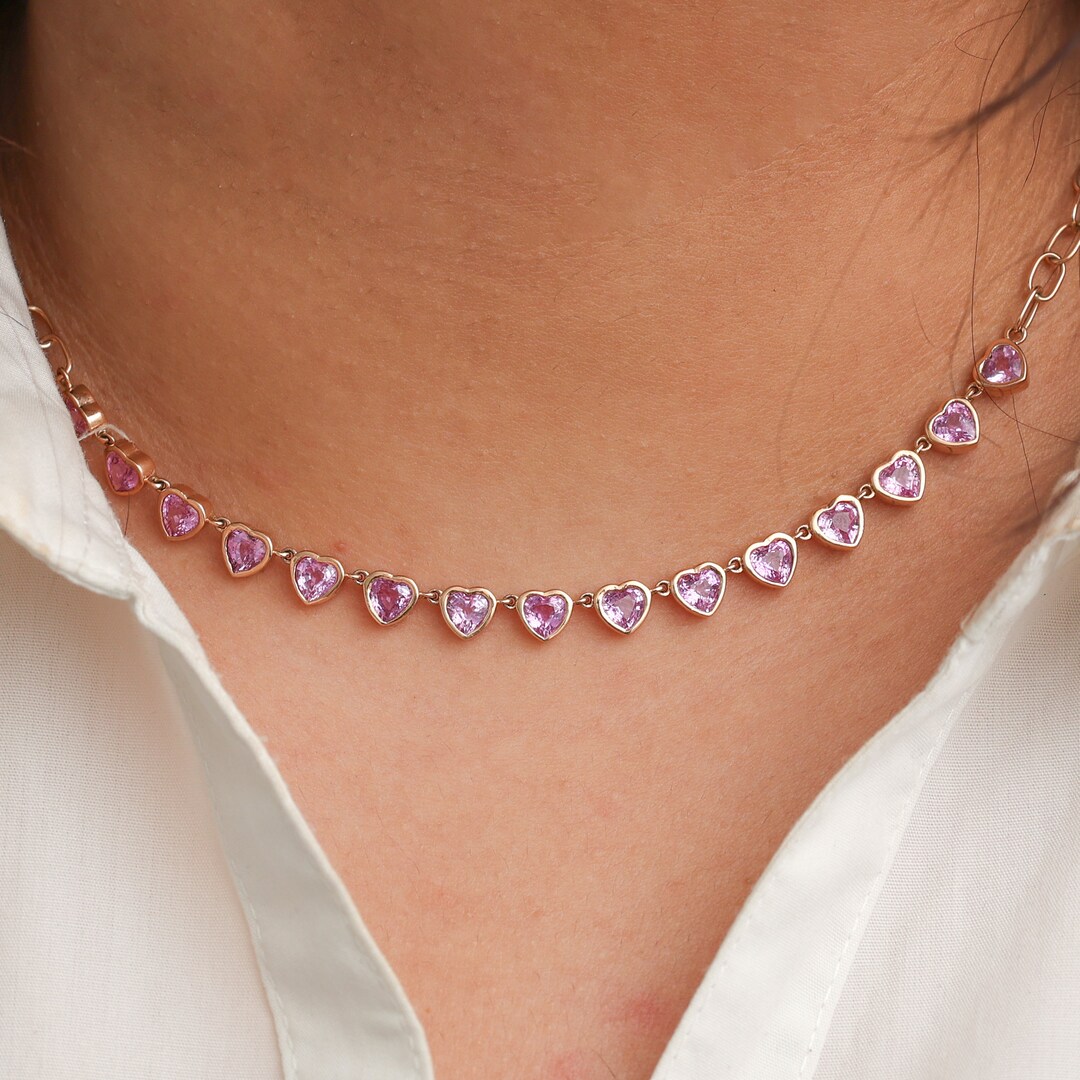 Pink Sapphire Heart Chain Necklace Gold | Natural Pink Sapphire Heart ...