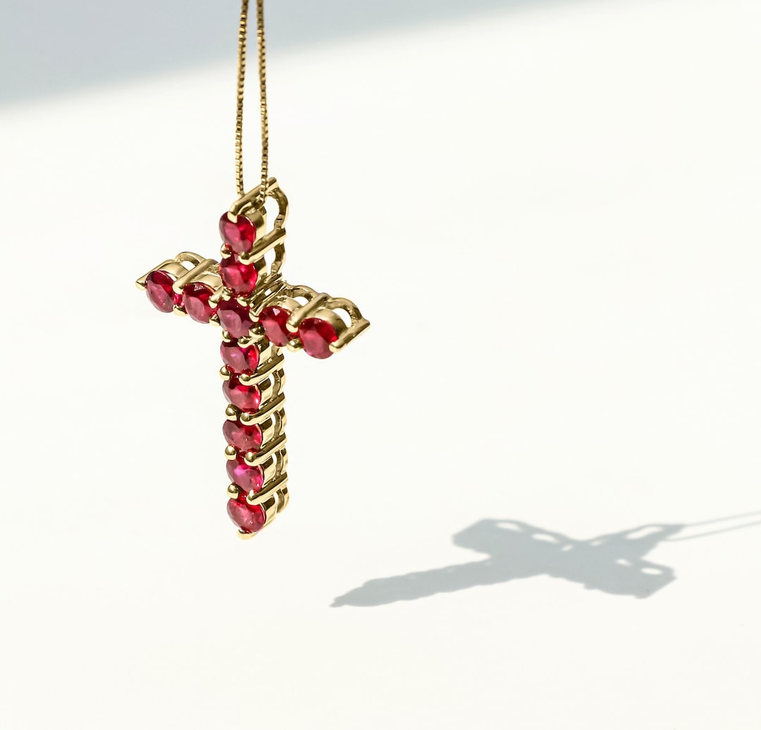 Real Ruby Cross Pendant 14K Gold | Natural 3MM Round Ruby Cross Pendant ...
