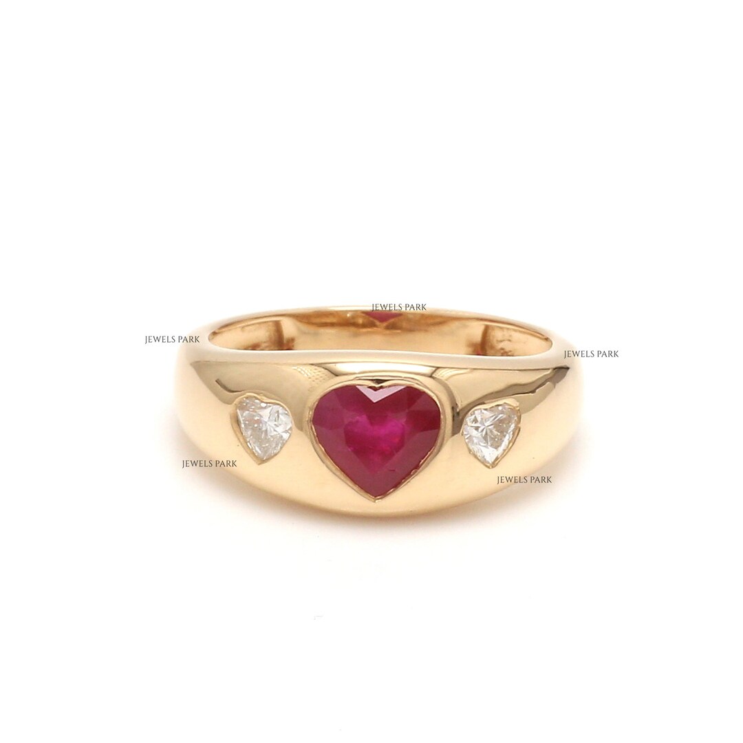 Ruby Heart Cut Diamond Bezel Set Gypsy Chunky Ring Gold | Natural Ruby ...
