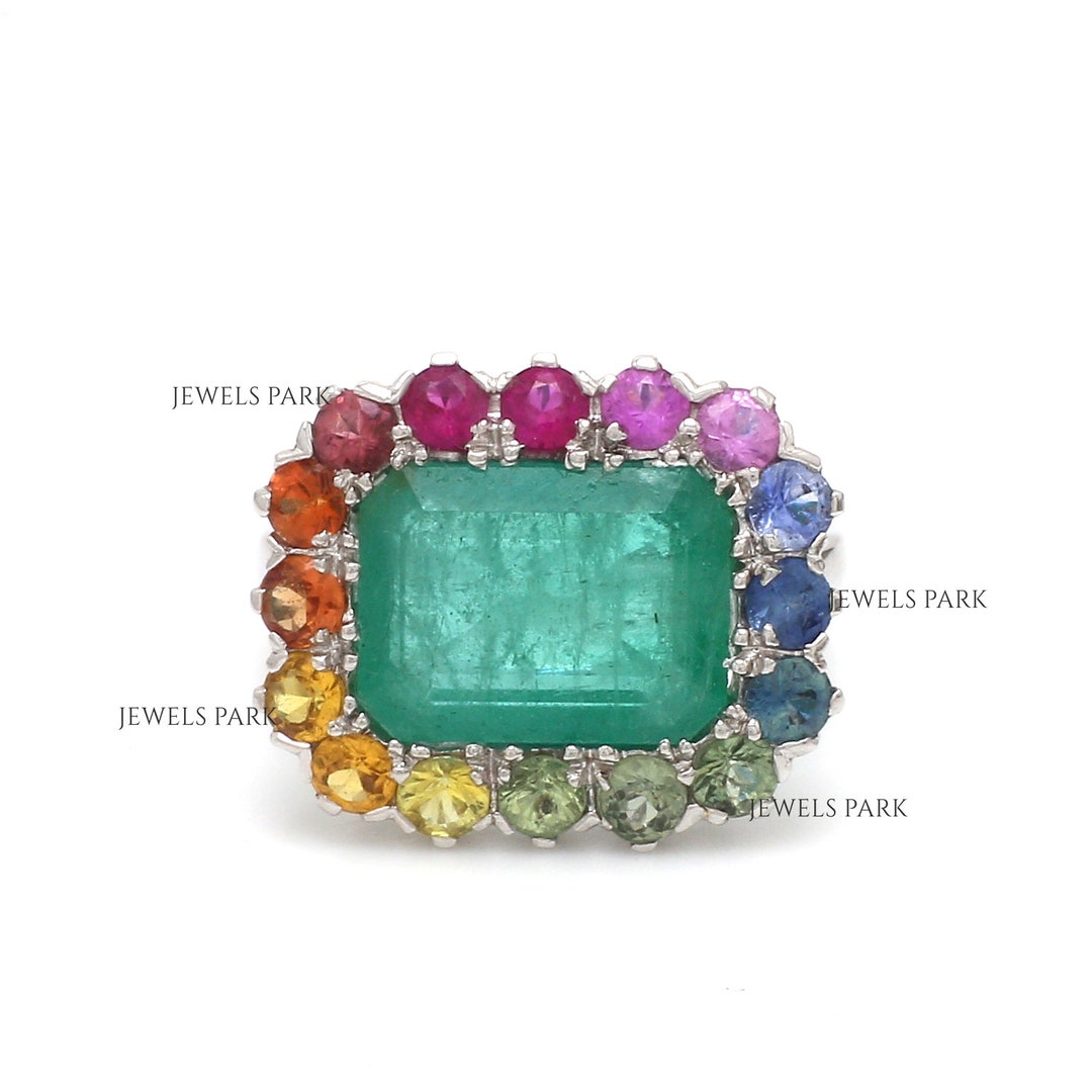 Emerald Rainbow Sapphire Halo Ring Gold | Natural Emerald Cut Emerald ...