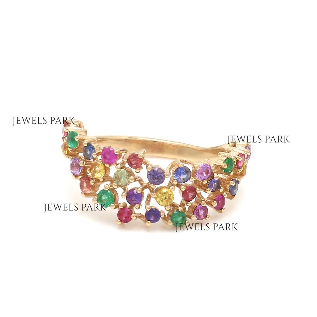 Multi Gemstone Round Unique Ring Gold | Natural Multi Gemstone Round ...