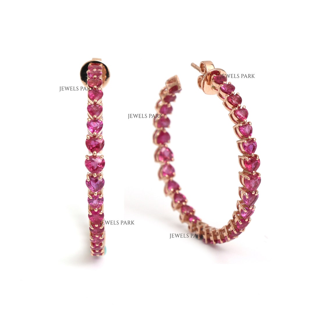 Real Ruby Heart Hoops Earring Gold | Natural 40MM 5CT Red Ruby Hoops ...