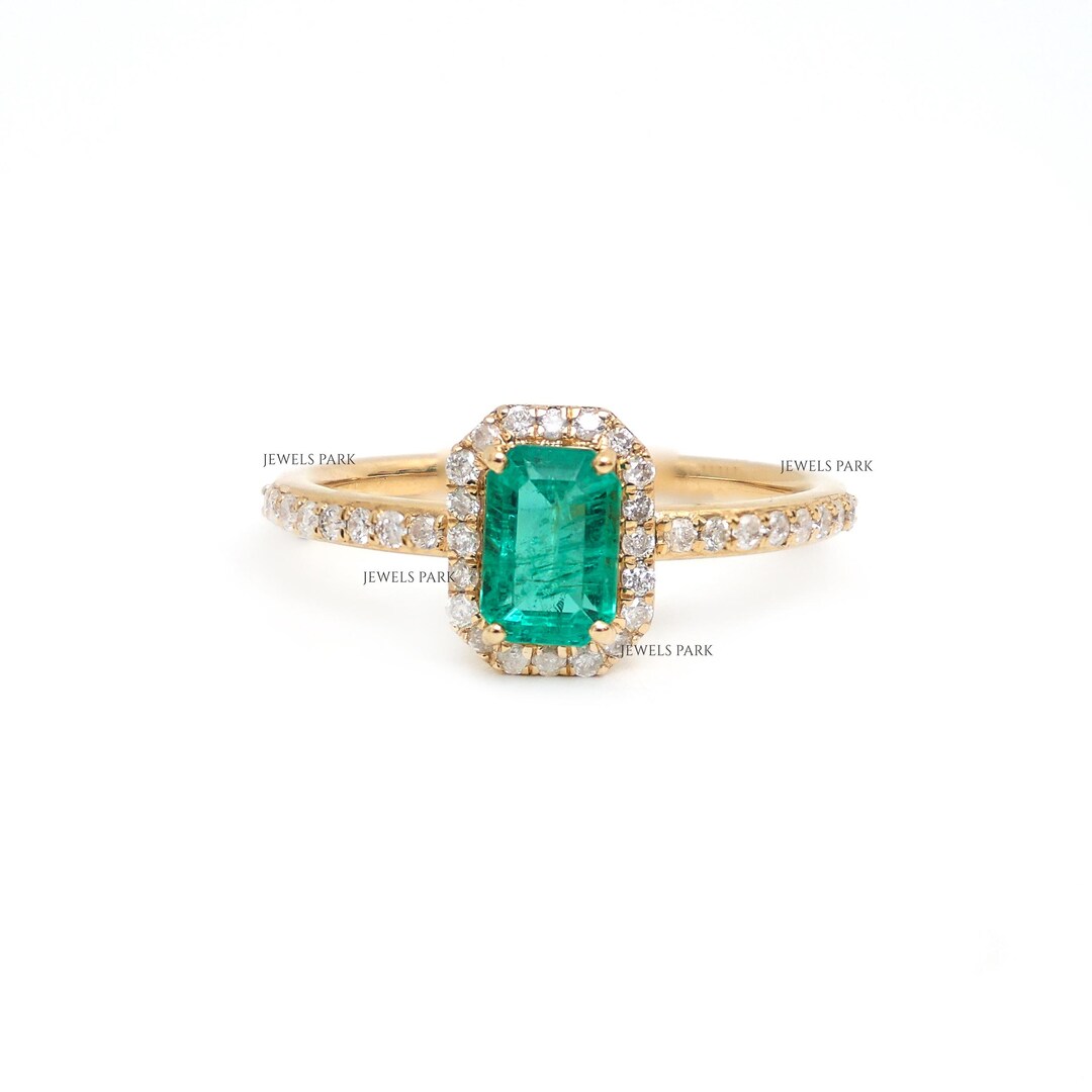 Emerald Octagon Cut Diamond Ring Gold | Natural Emerald Octagon Prong ...