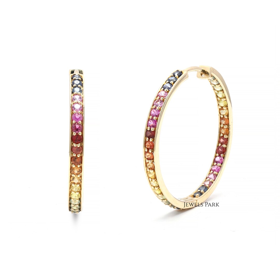 Rainbow Sapphire Hoops Earrings in 14k 18k Gold, Natural Multi Sapphire ...
