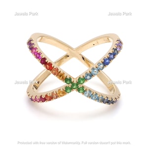 Rainbow Sapphire Emerald X Ring Cross Ring 14K Solid Gold | Natural 2MM ...
