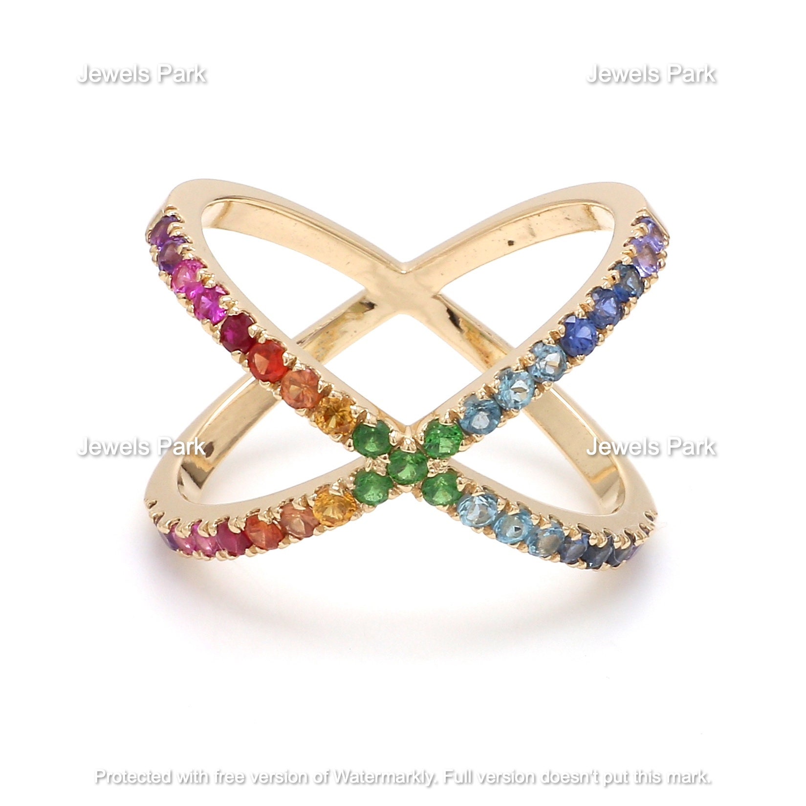 Rainbow Sapphire Emerald X Ring Cross Ring 14K Solid Gold - Etsy