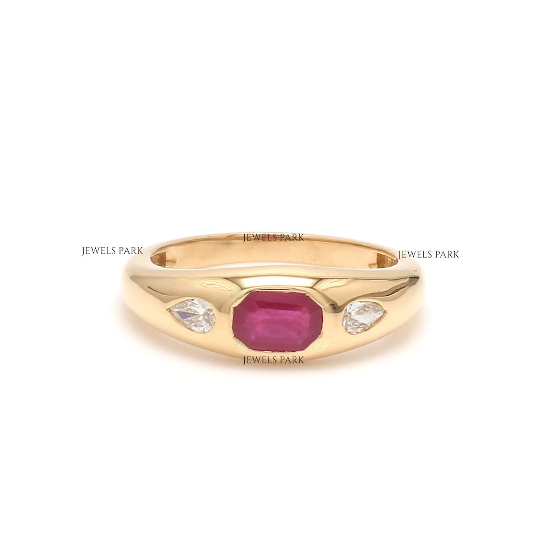 Chunky Ruby and Diamond Gypsy Ring Gold | Natural Ruby Emerald Cut ...