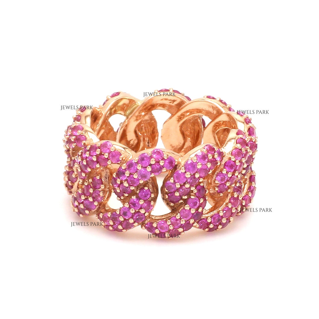Pink Sapphire Miami Chain Ring Gold | Natural Pink Sapphire Big Cuban ...