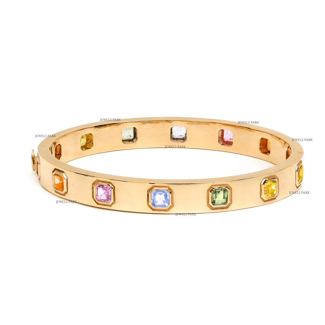 Rainbow Sapphire Asscher Cut Big Gold Bangle | Natural Multi Sapphire ...