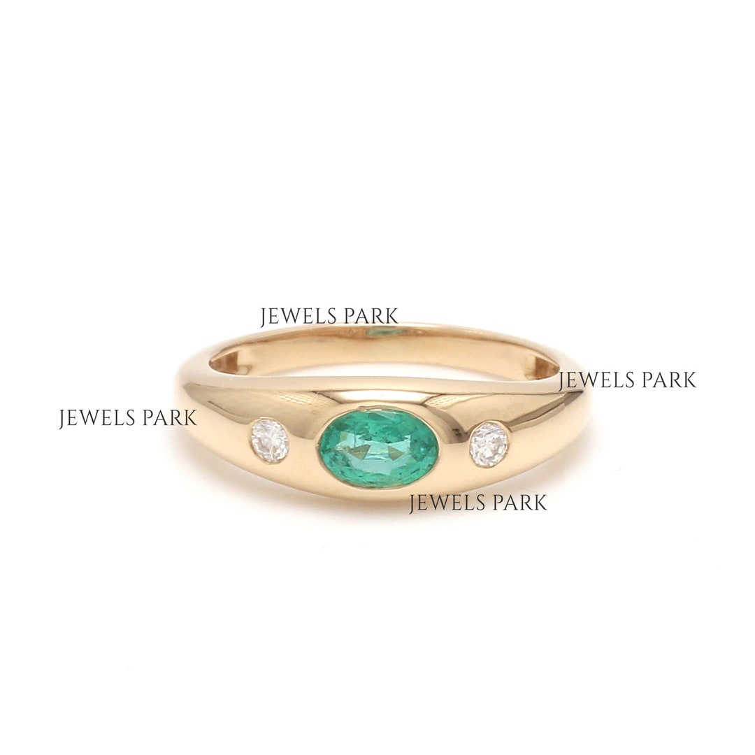 Emerald Diamond Art Deco Chunky Gypsy Ring Gold | Natural Emerald Oval ...