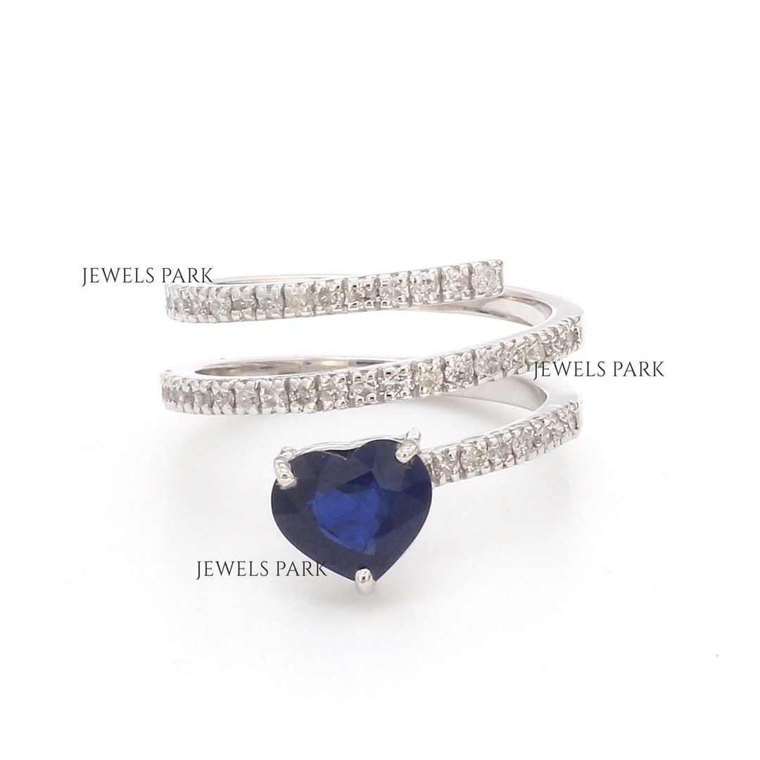 Natural Blue Sapphire Heart Diamond Spiral Pinky Ring Gold | Real Blue ...