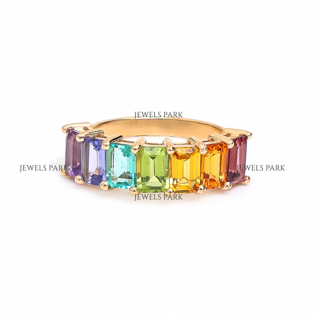 Rainbow Gemstone Half Eternity Band Ring Gold | Natural Multi Gemstone ...