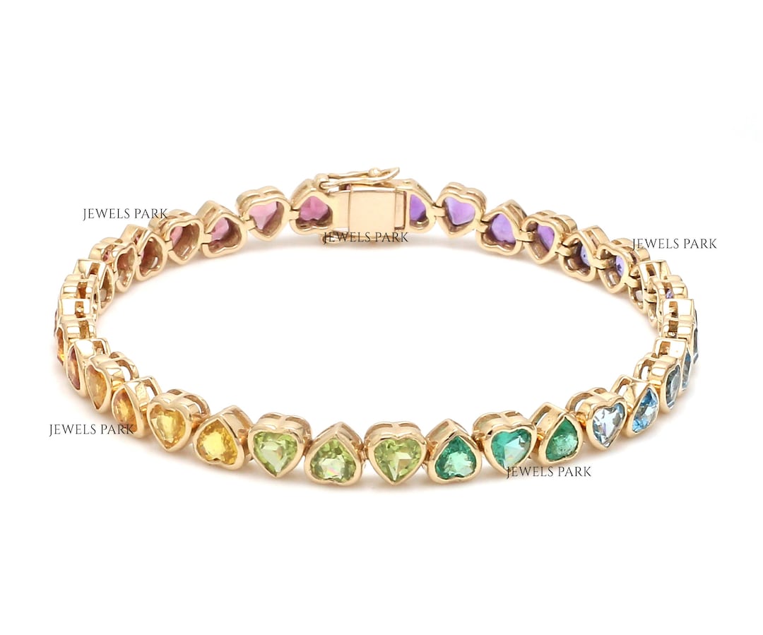 Rainbow Sapphire Heart Bezel Set Tennis Bracelet Gold | Natural Heart ...