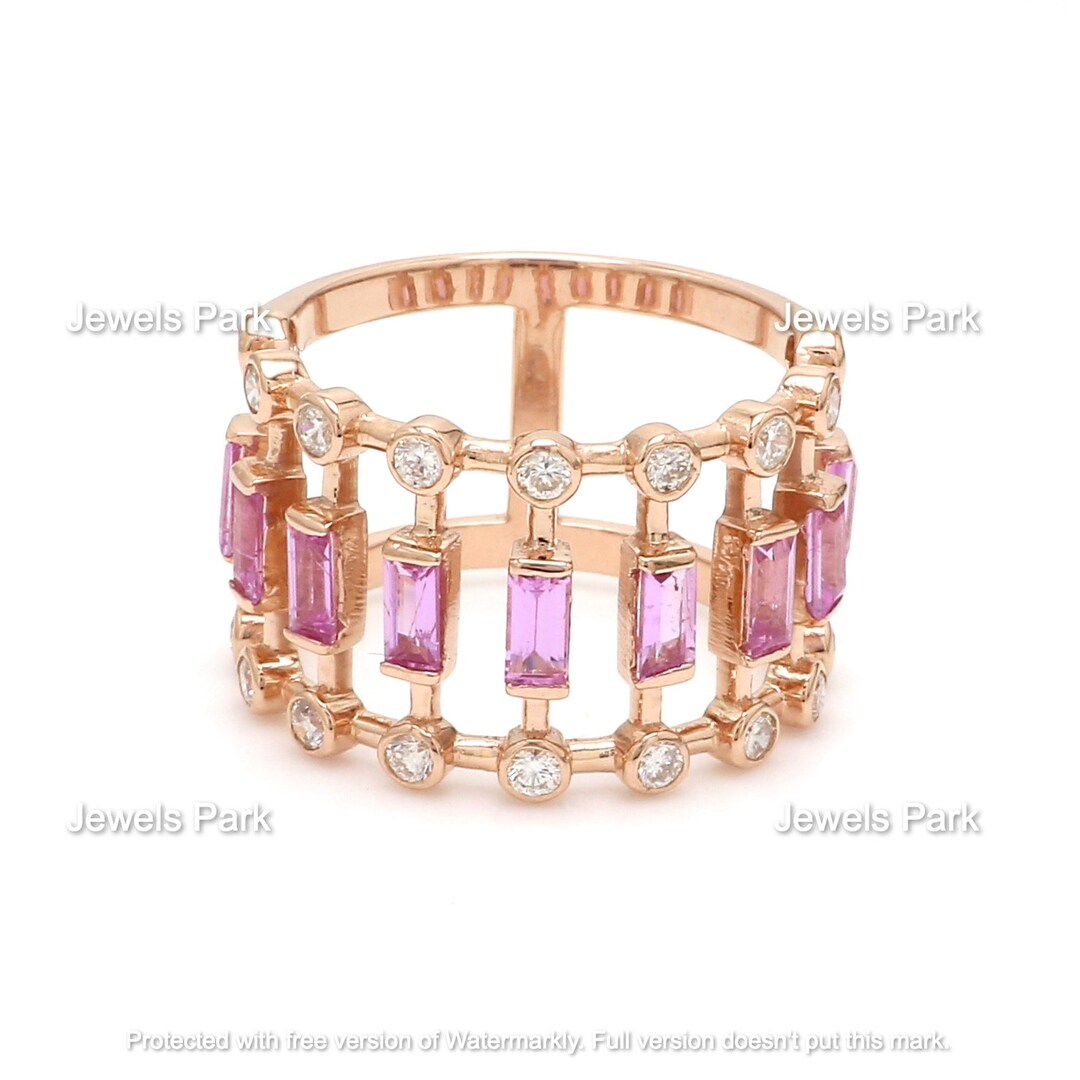 Pink Sapphire Dot and Dash Ring 14K 18K Gold | Natural Baguette Cut ...