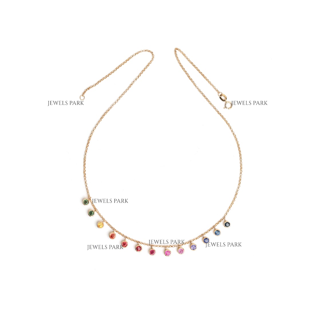 Rainbow Sapphire Round Bezel Set Chain Necklace Gold | Natural Sapphire ...