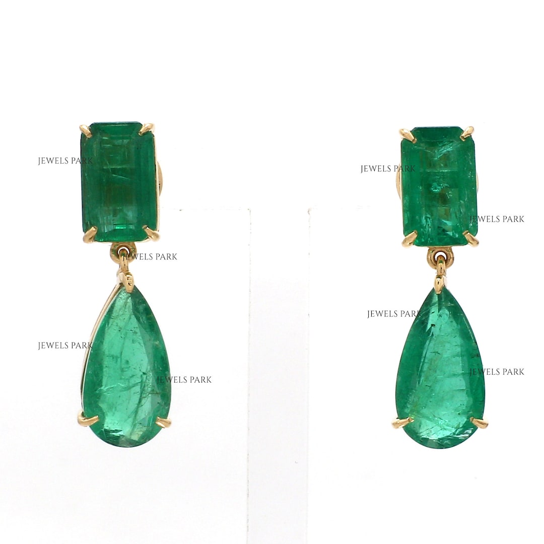 Emerald Cut and Pear Cut Emerald Dangling Earrings Gold | Natural ...