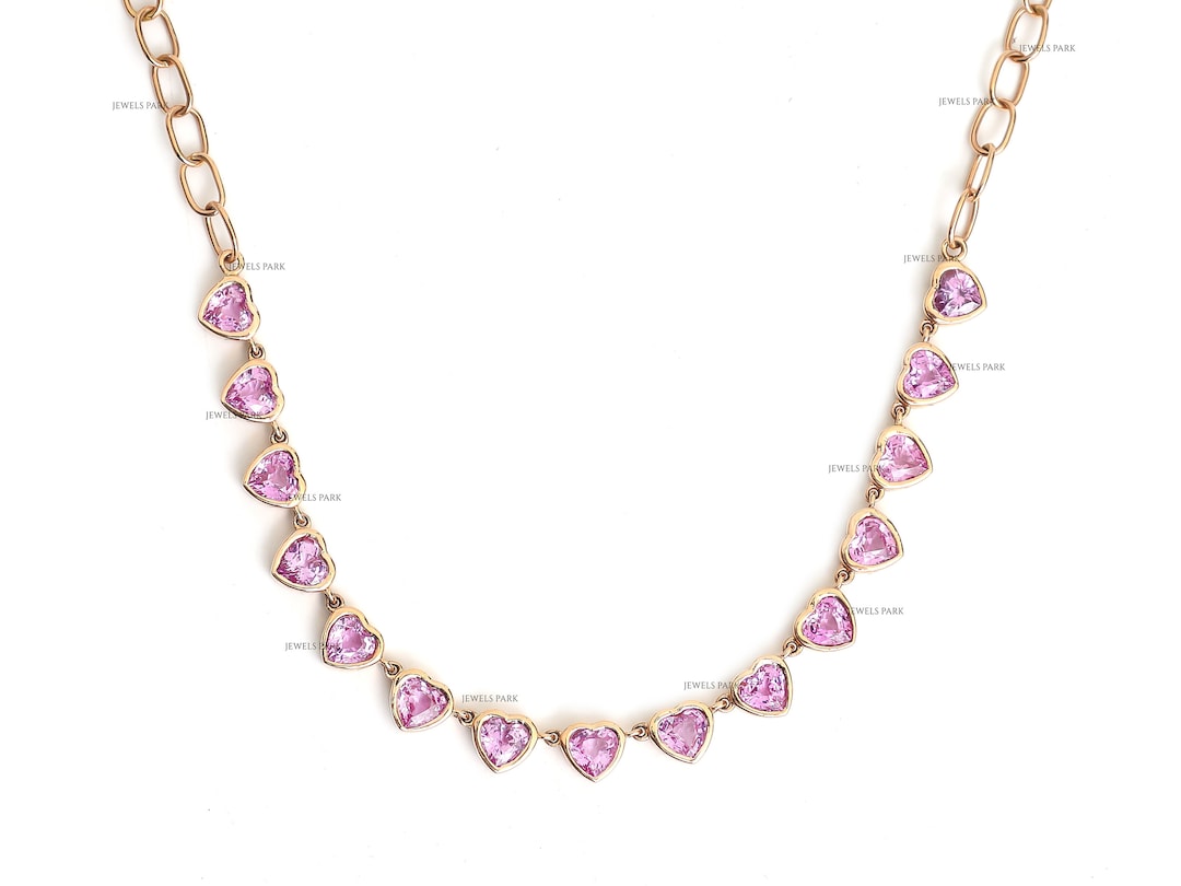 Pink Sapphire Heart Chain Necklace Gold | Natural Pink Sapphire Heart ...