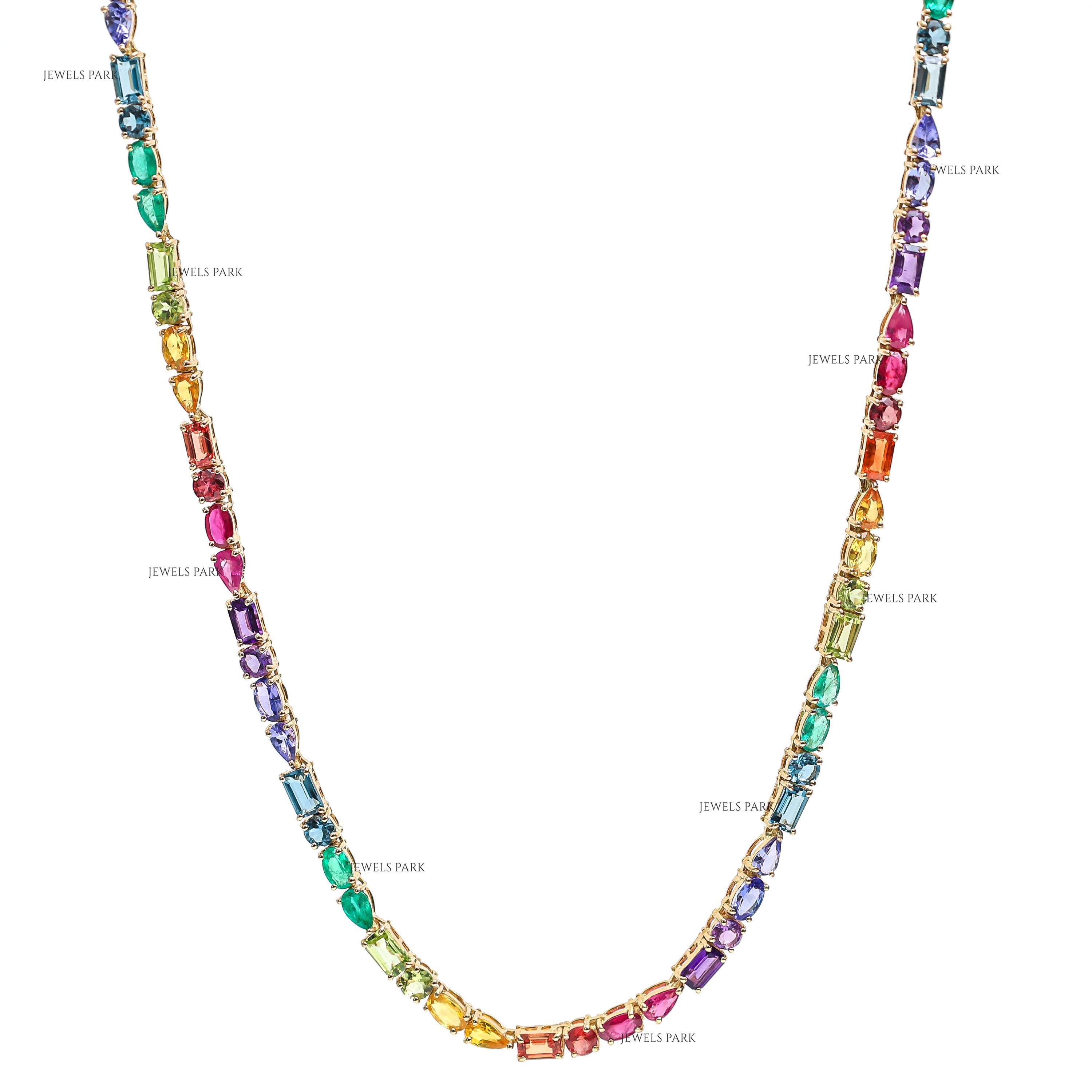 Rainbow Gemstone Mix Shape Prong Set Necklace Gold | Natural Multi ...