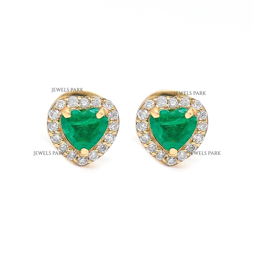 Emerald Heart Shape Halo Diamond Stud Earrings Gold | Natural Heart ...