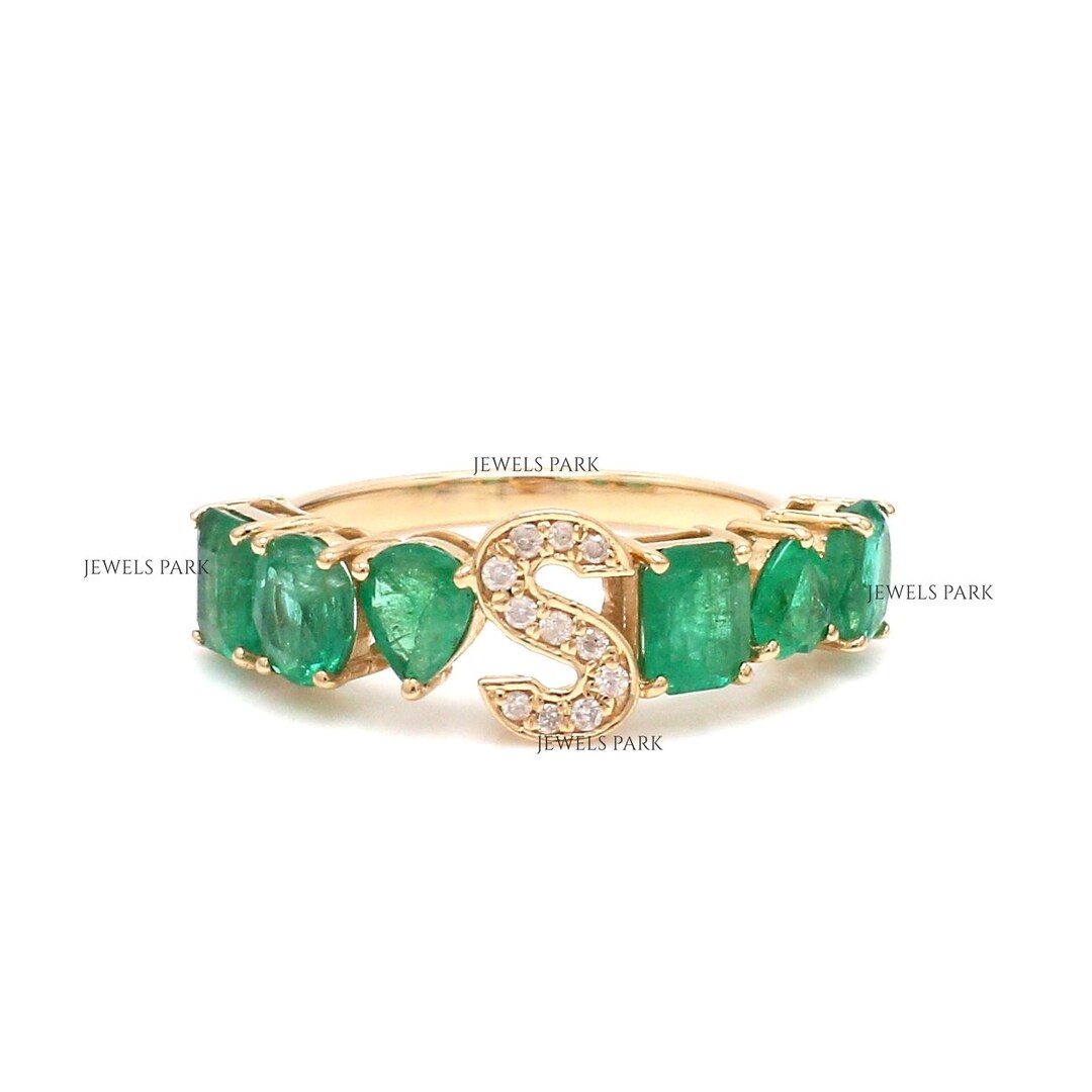 Emerald Initial Diamond Ring Gold | Natural Mix Shape Emerald Prong Set ...
