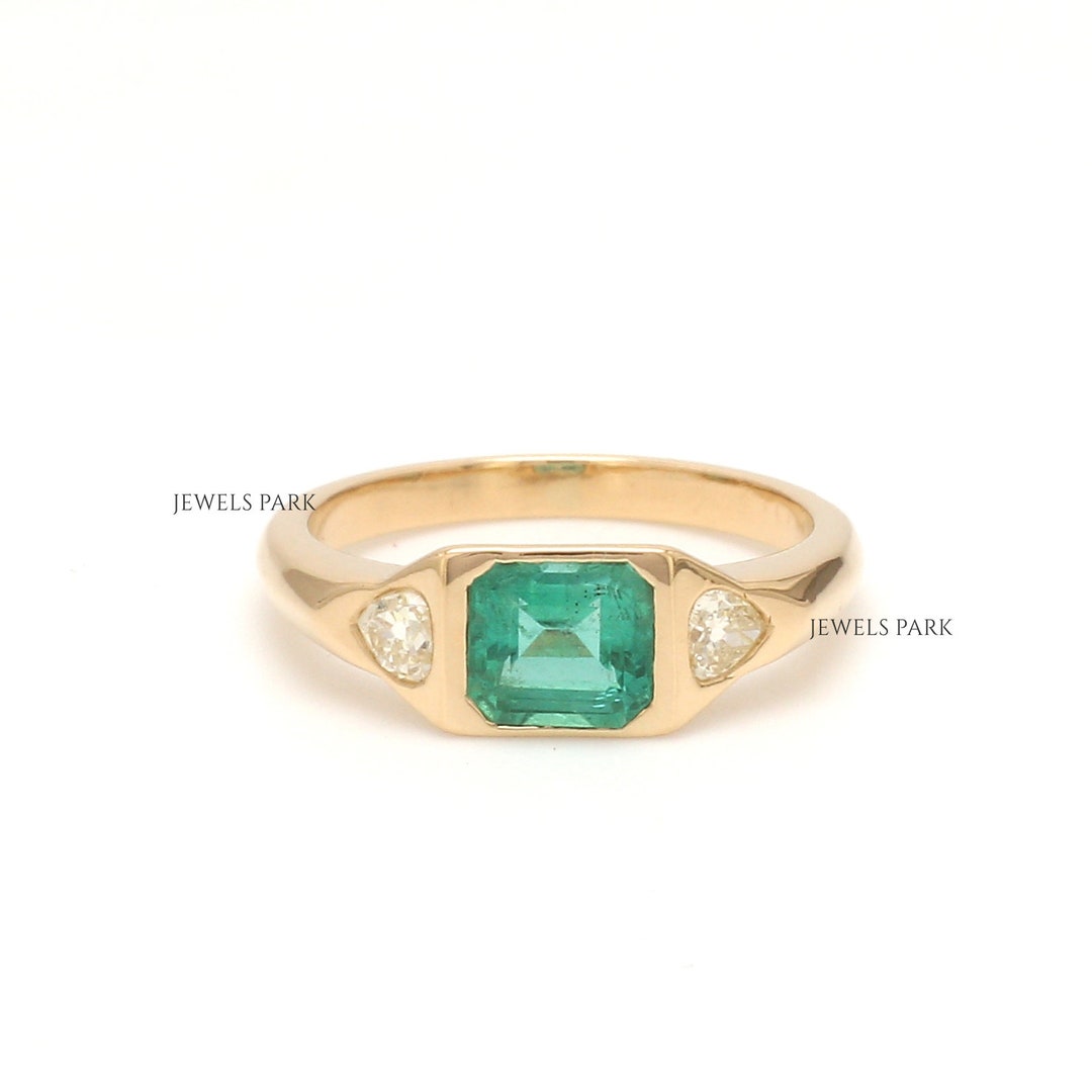 Chunky Emerald Diamond Bezel Set Gypsy Ring 14K Gold | Natural Emerald ...
