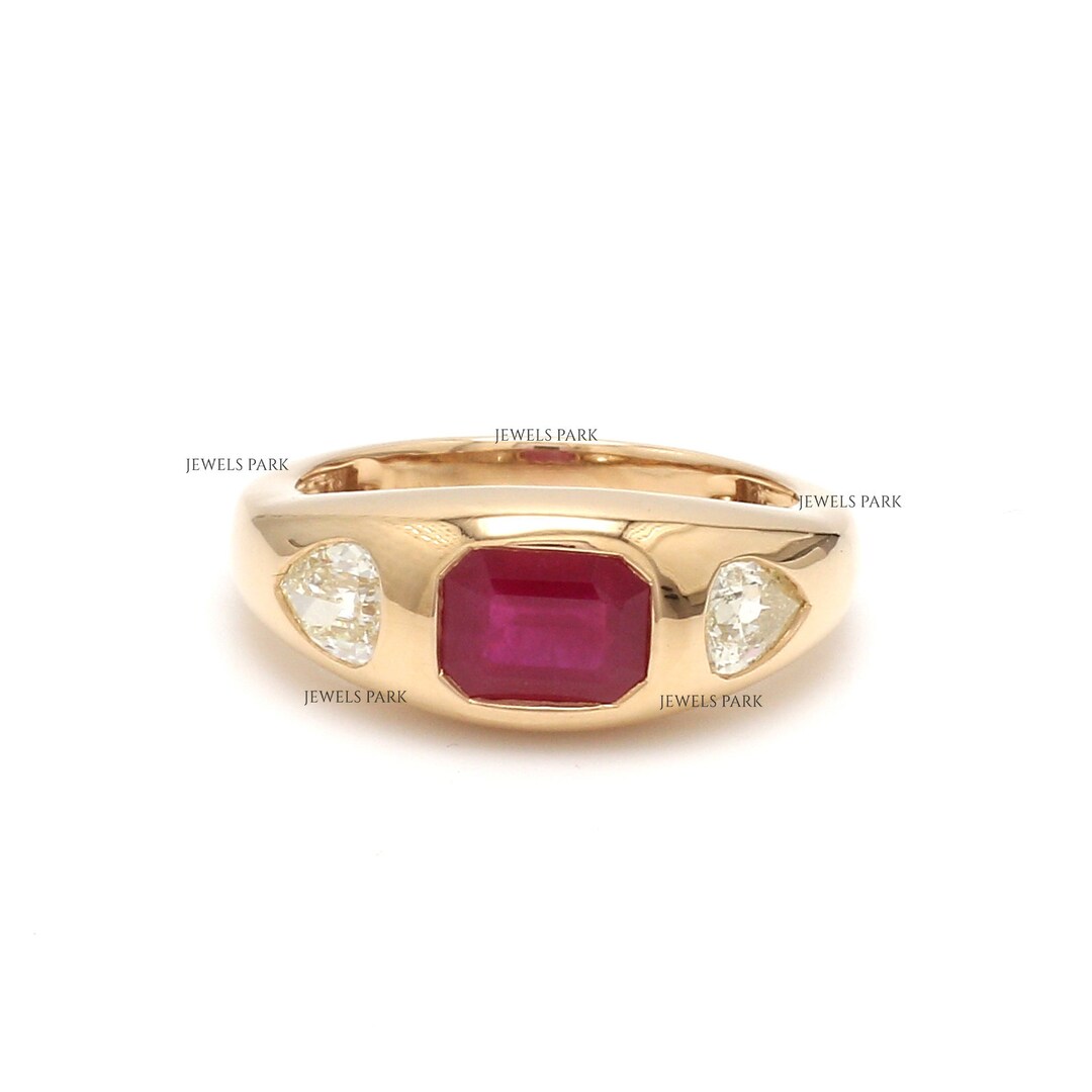 Ruby Emerald Cut Flush Set Ring With Old Mine Cut Diamond | Natural ...