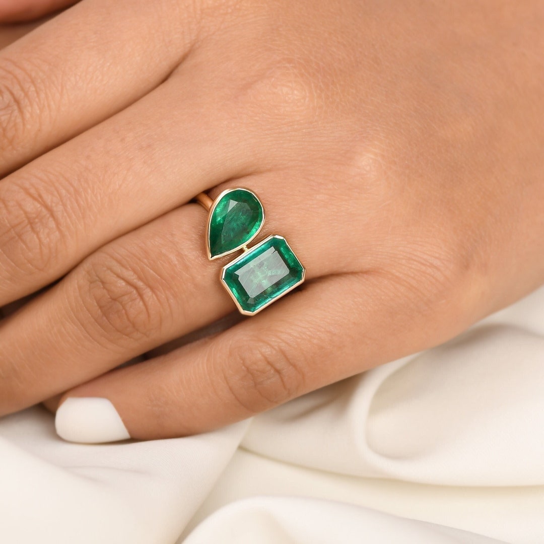 Real Emerald Pear and Emerald Cut Two Stone Bezel Set Ring Gold ...