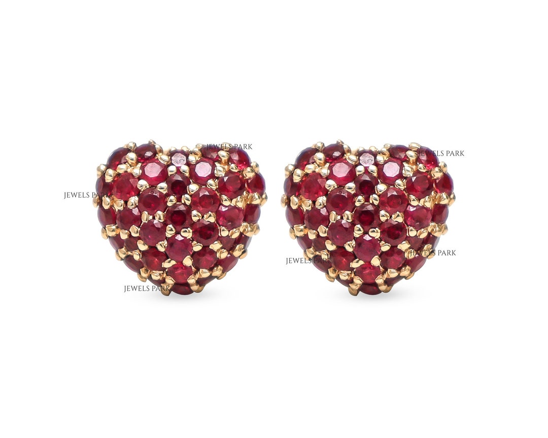 Ruby Heart Gold Studs | Ruby Round Pave Set Heart Shape Studs Gold | Natural Ruby Heart Studs ...