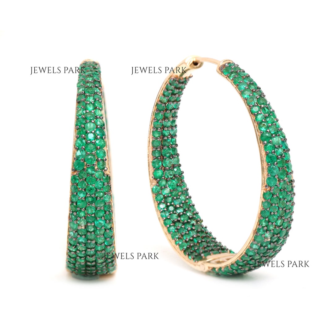 Real Emerald Round Pave Big Hoops Earrings Gold | Natural 40MM 5CTW ...