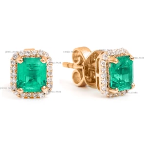 Real Emerald Cut Emerald Halo Diamond Stud Earrings Gold | Natural 1 ...