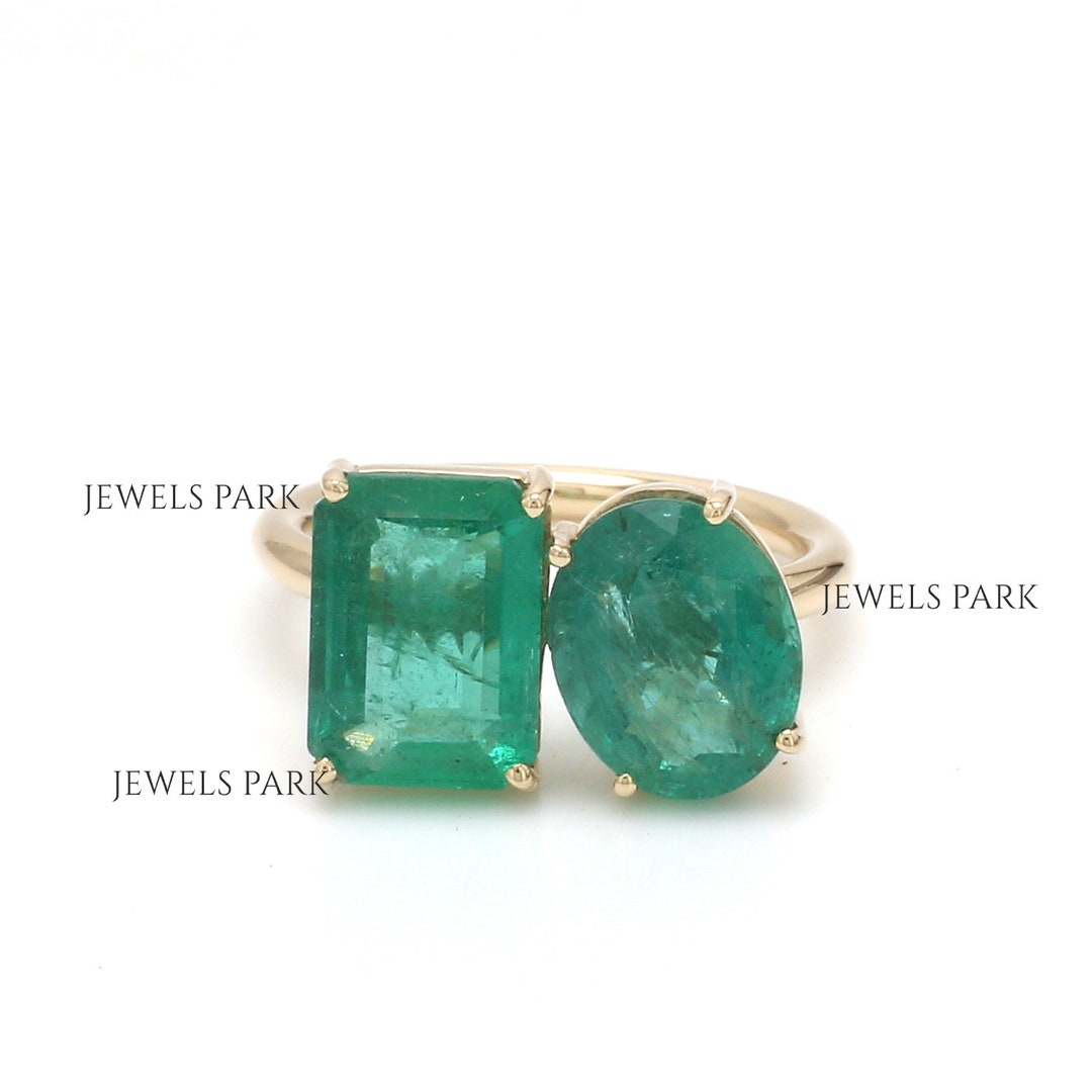 Real Emerald Oval and Emerald Cut Two Stone Ring Gold | Natural 5CT Big ...