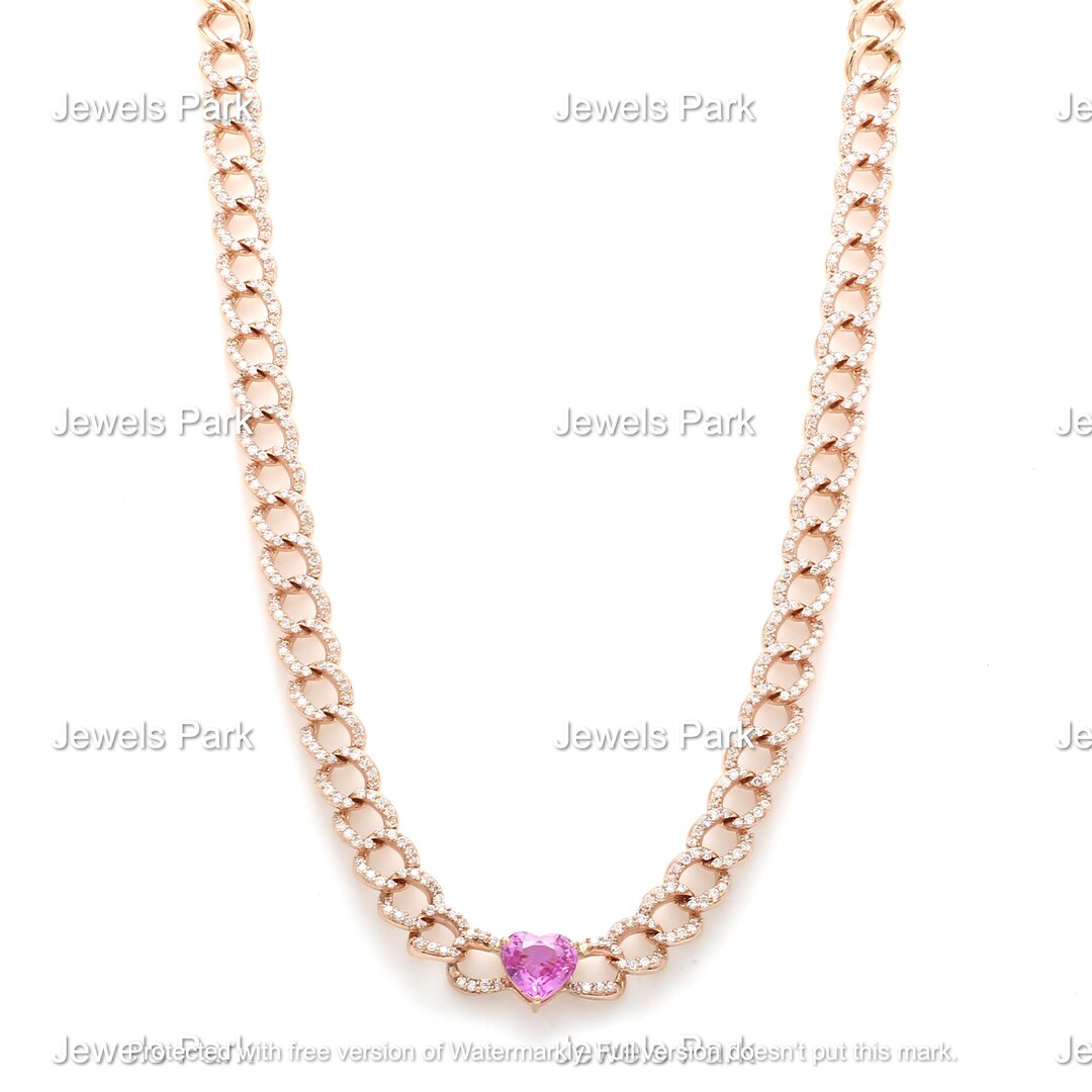 Pink Sapphire Heart Miami Chain Necklace 14K Solid Gold | Natural Pink ...