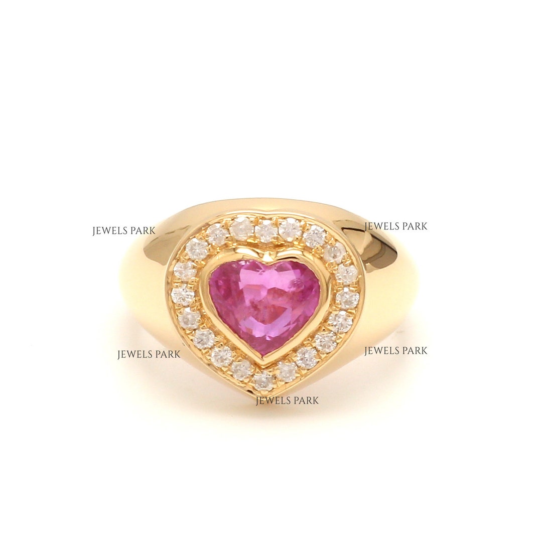 Pink Sapphire Heart Diamond Bezel Set Big Gypsy Ring Gold | Natural ...