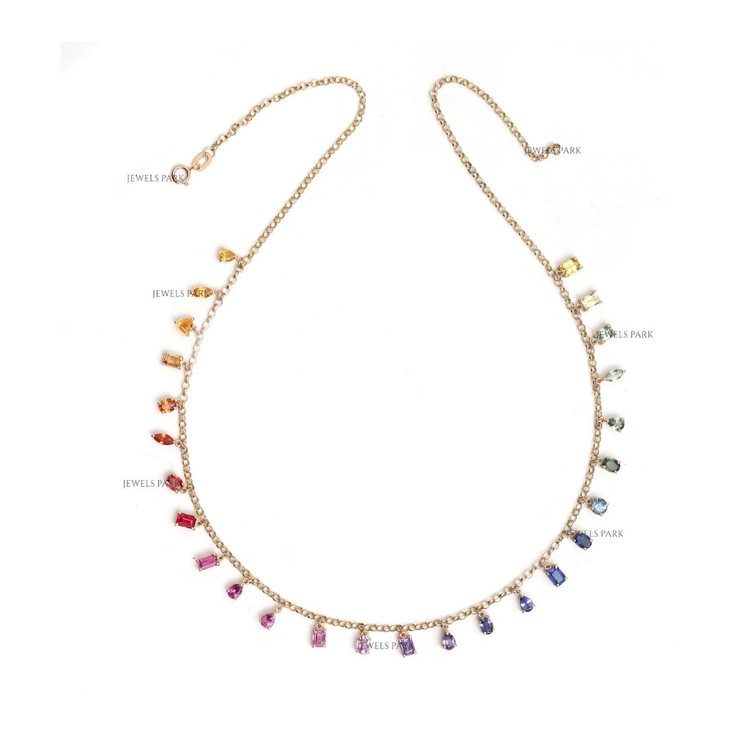 Rainbow Sapphire Mix Shape Charms Chain Necklace Gold | Natural Multi ...