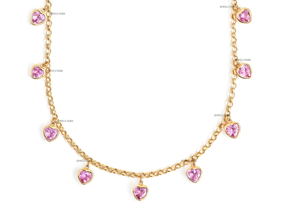 Pink Sapphire Bezel Set Heart Charms Necklace Gold | Natural Pink ...