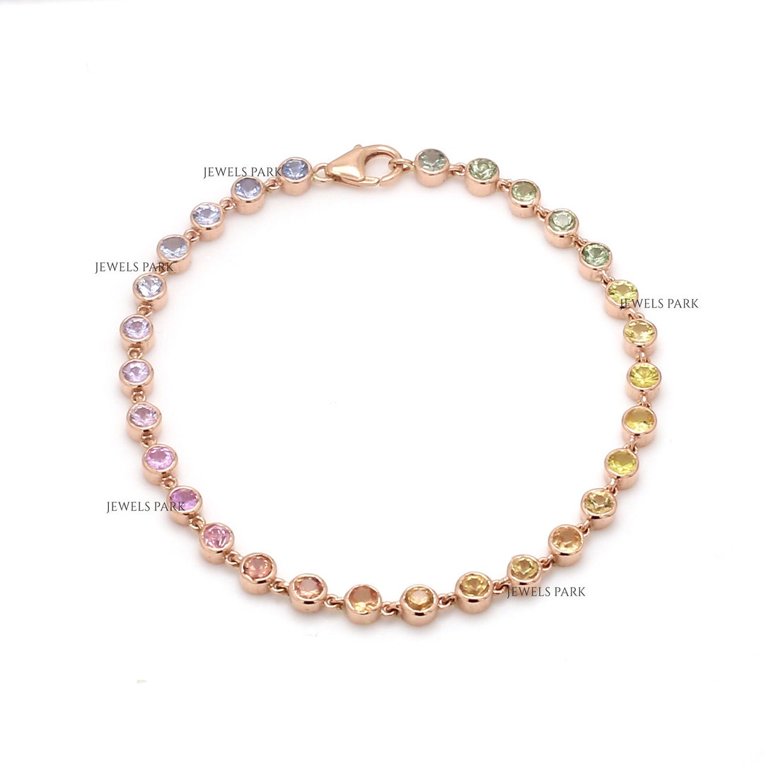 Rainbow Sapphire Bracelet 14k Solid Gold | Natural 3CT Pastel Rainbow ...