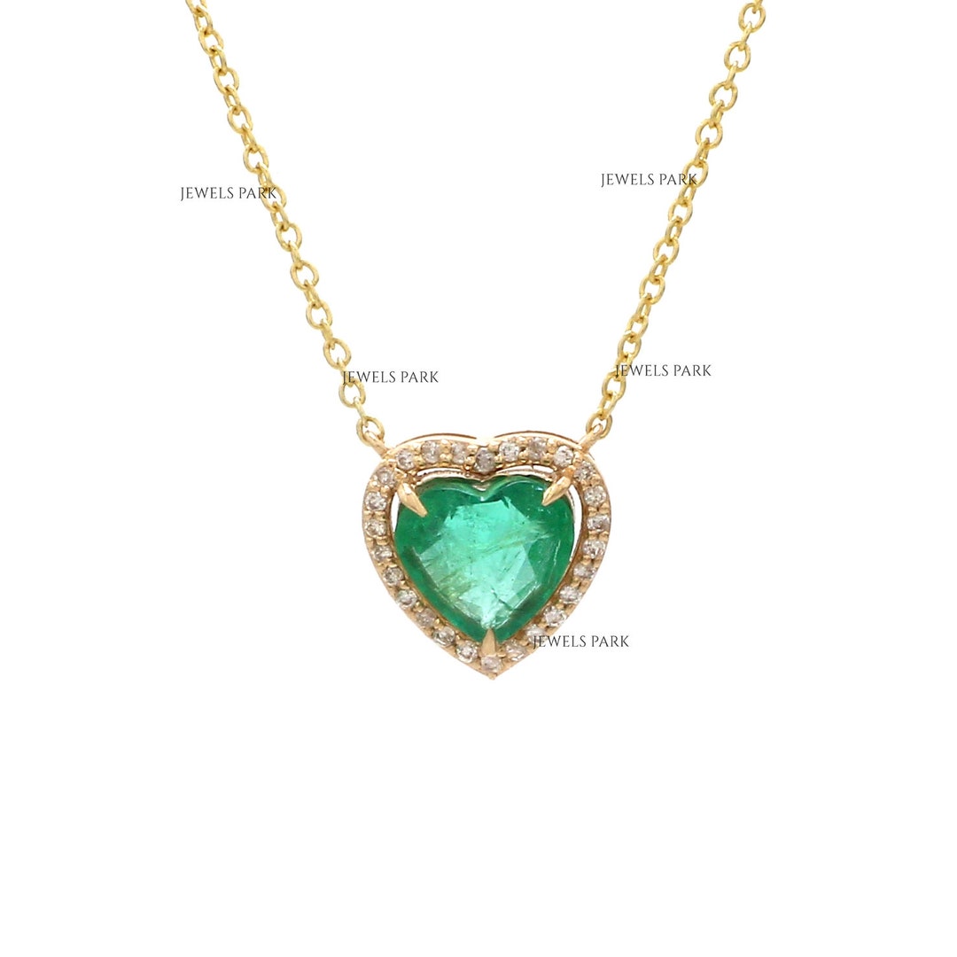 Emerald Heart Diamond Halo Pendant Necklace Gold Natural Emerald Heart ...