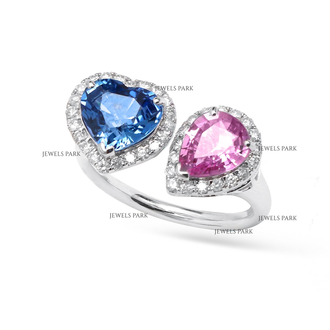 Blue Sapphire Heart and Pink Sapphire Pear Toe Moe Ring With Diamond in ...