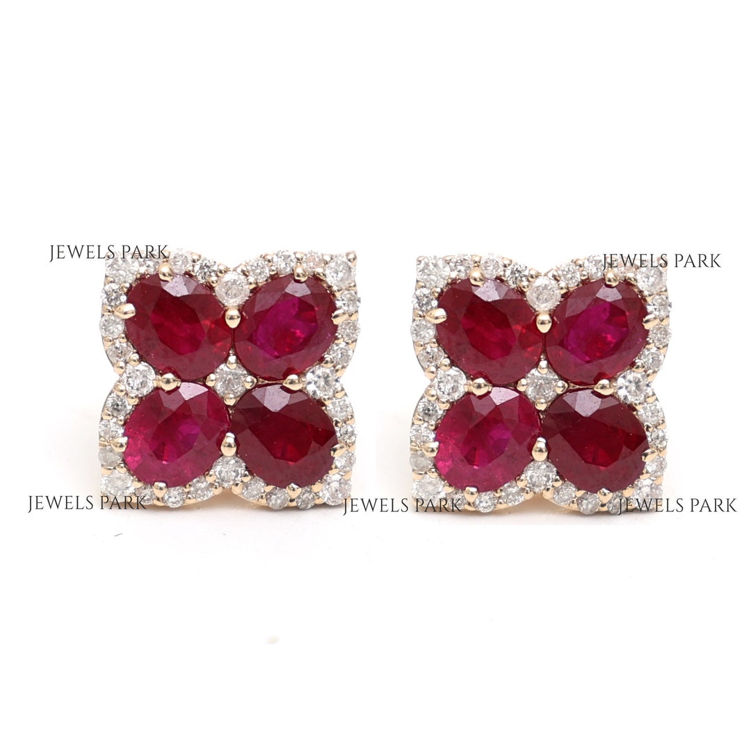 Ruby Floral Pattern Earring Studs 14K Gold | Natural Oval Cut Ruby Diamond Studs Tops Earring ...