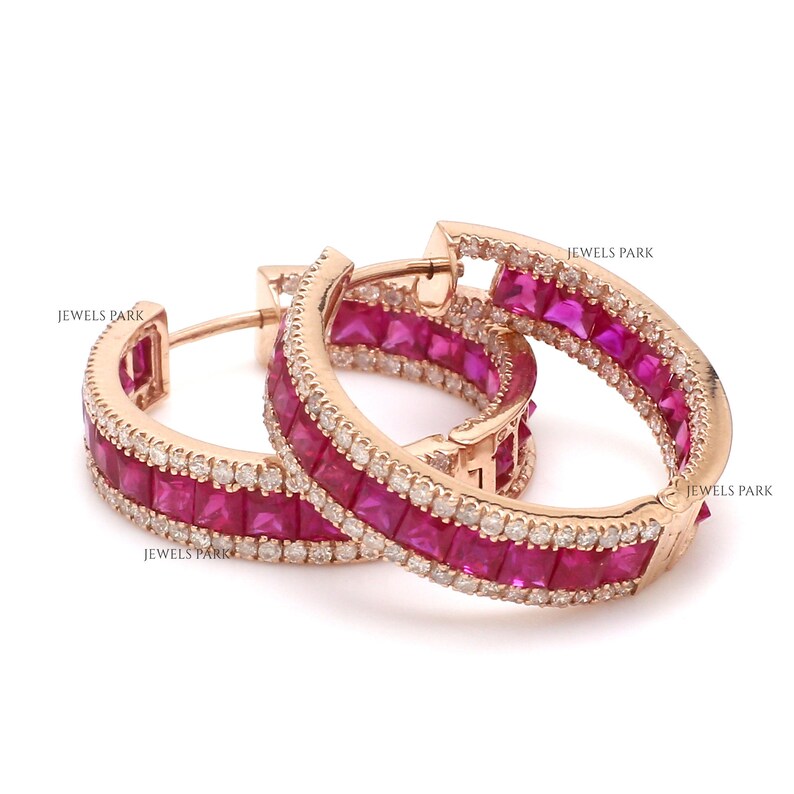 Real Ruby Princess Cut Channel Set Hoop Earrings Gold - Etsy