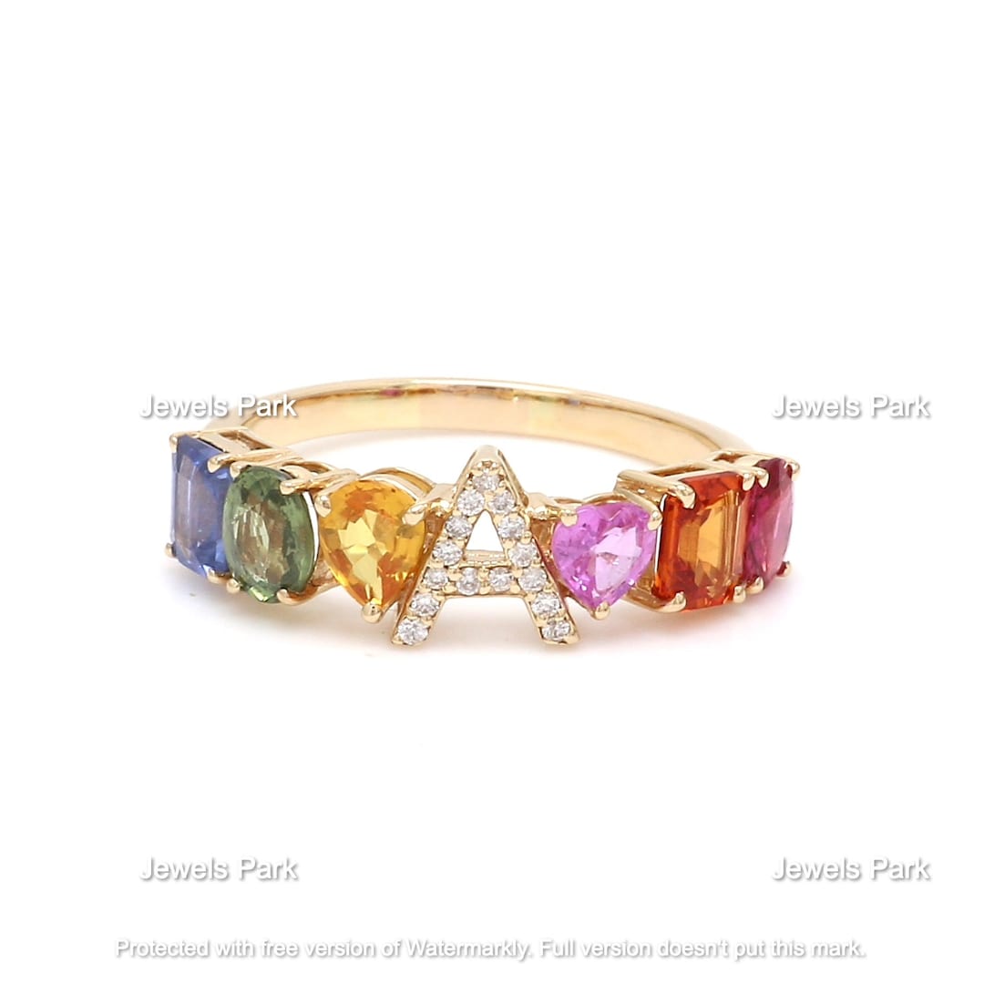 Rainbow Sapphire Name Letter Ring Gold | Natural Sapphire Letter ...