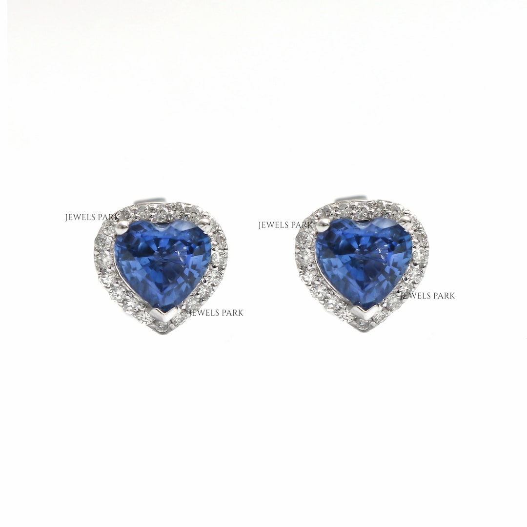 Blue Sapphire Diamond Heart Studs Earring Gold | Natural 5MM Heart Blue ...
