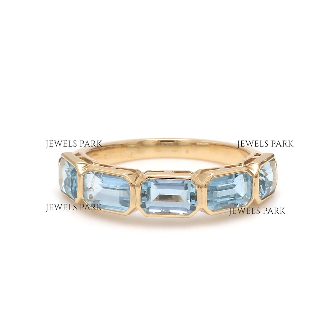 Aquamarine Emerald Cut Half Bezel Set Ring Gold | Natural Aquamarine ...